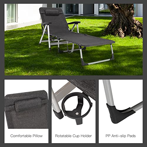 Goplus Chaise Lounge Chair, Folding Outdoor Patio Lounger with Cup Holder & Detachable Headrest, Comfortable for Garden Beach Pool Sunbathing, 7-Position Adjustable (1, Grey)