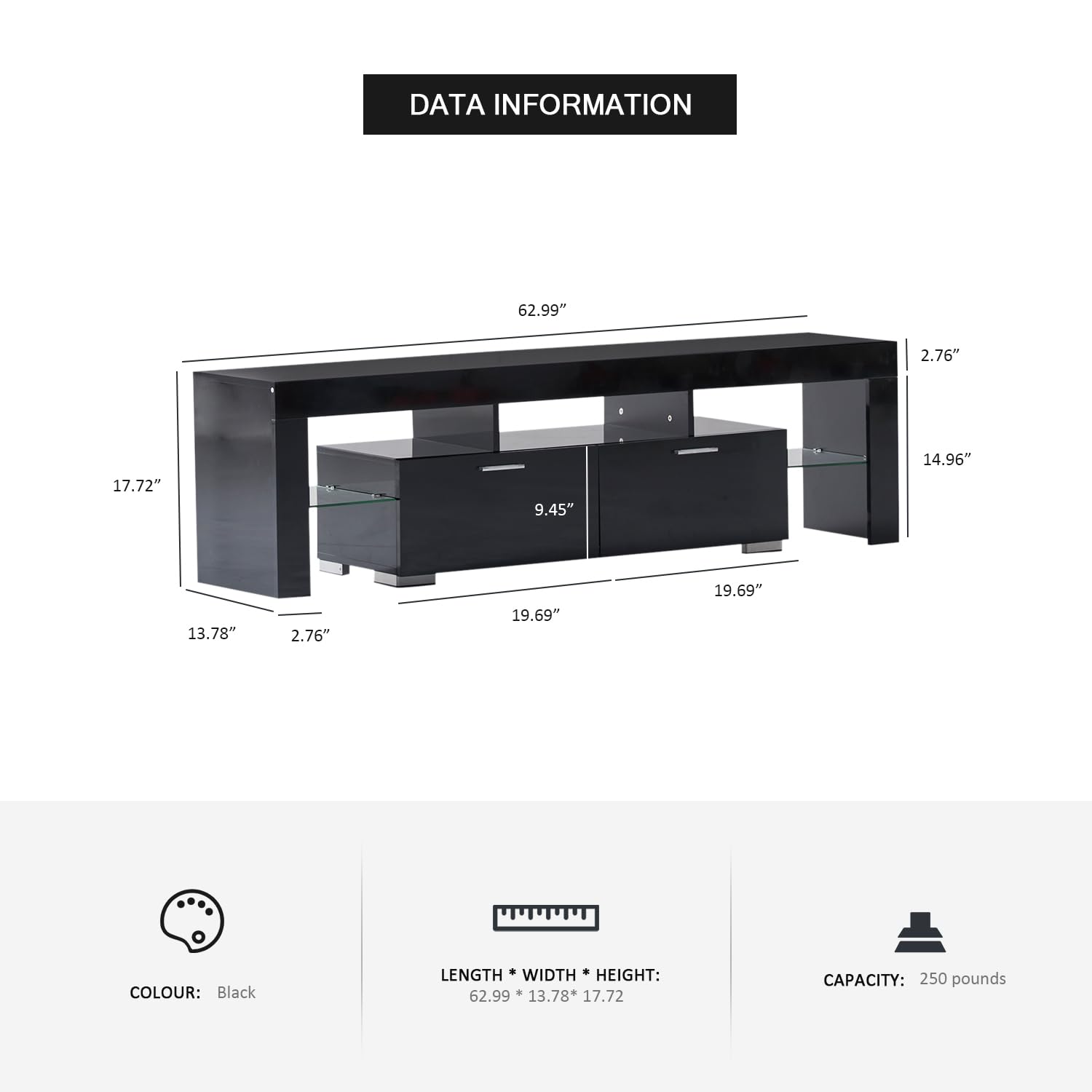 Ugijei Black LED TV Stand for 75 Inch TV, Modern Media Console with Storage, High Gloss TV Table for Bedroom, Living Room