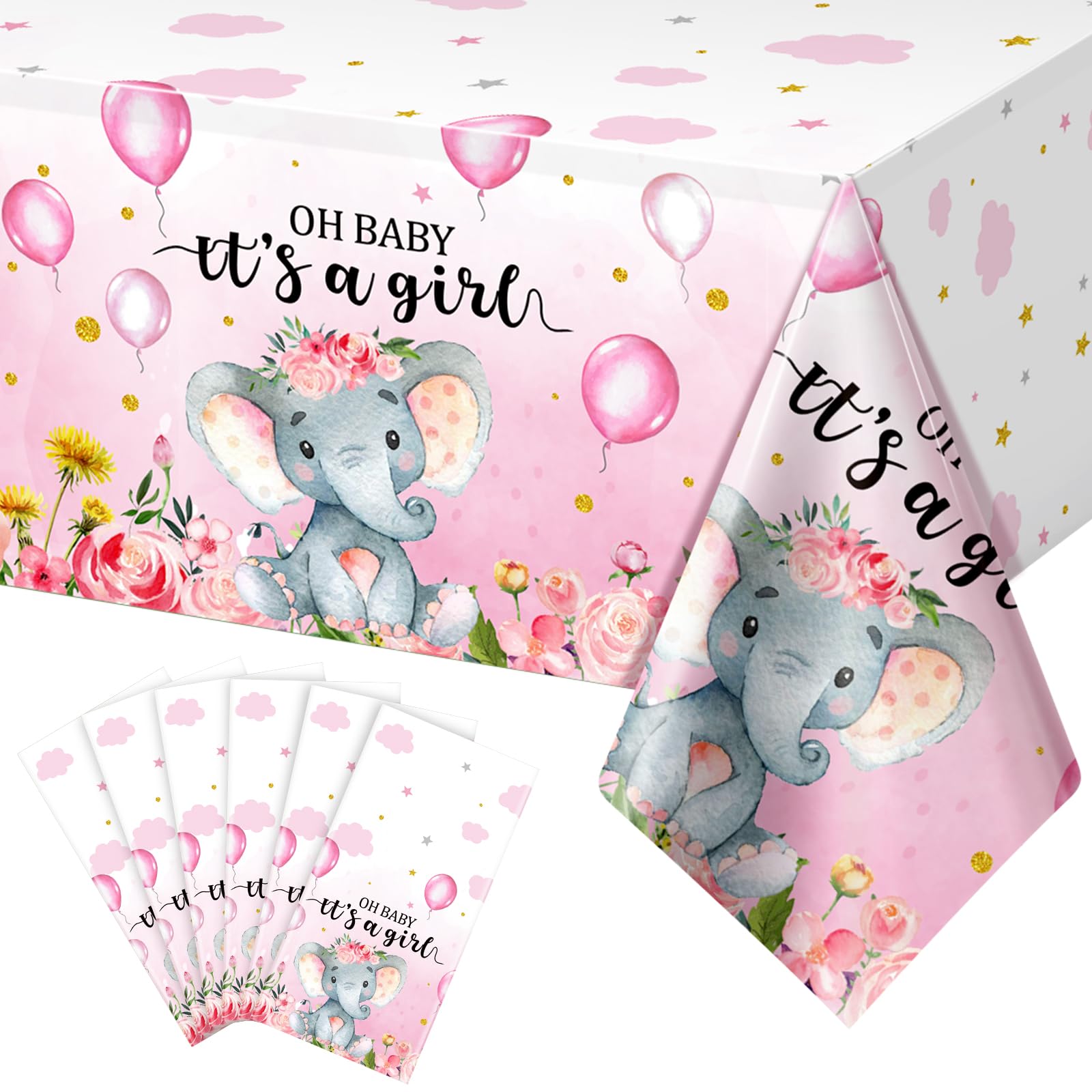 6 Pack Elephant Baby Shower Tablecloth Decorations, Elephant Baby Shower Decorations, Plastic Tablecloth Table Cover Backdrop for Baby Boy Girl Gender Baby Shower Party Supplies, 54 x 108 Inch, Pink