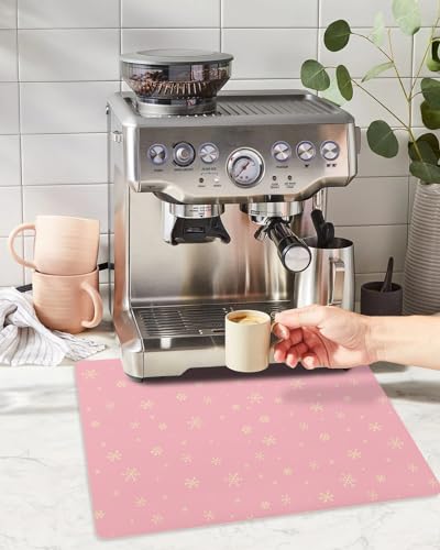 Coffee Mat for Counter, Christmas Gold Snowflake Pink Absorbent Hide Stain Coffee Bar Mat, Non-slip Coffee Bar Accessories Kitchen Drying Mat Fit Under Coffee Maker Espresso Machine