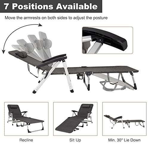 Goplus Chaise Lounge Chair, Folding Outdoor Patio Lounger with Cup Holder & Detachable Headrest, Comfortable for Garden Beach Pool Sunbathing, 7-Position Adjustable (1, Grey)
