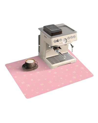 Coffee Mat for Counter, Christmas Gold Snowflake Pink Absorbent Hide Stain Coffee Bar Mat, Non-slip Coffee Bar Accessories Kitchen Drying Mat Fit Under Coffee Maker Espresso Machine