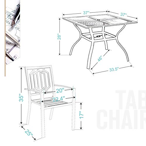 PHI VILLA 5-Piece Metal Patio Outdoor Table and Chairs Dining Set- 37" Square Bistro Table and 4 Backyard Garden Chairs, Table with 1.57" Umbrella Hole