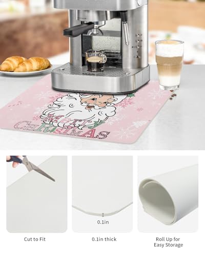 LaBLUUX Coffee Mat for Counter, Merry Christmas Cute Pink Santa Absorbent Hide Stain Coffee Bar Mat, Non-Slip Coffee Bar Accessories Kitchen Drying Mat Fit Under Coffee Maker Espresso Machine
