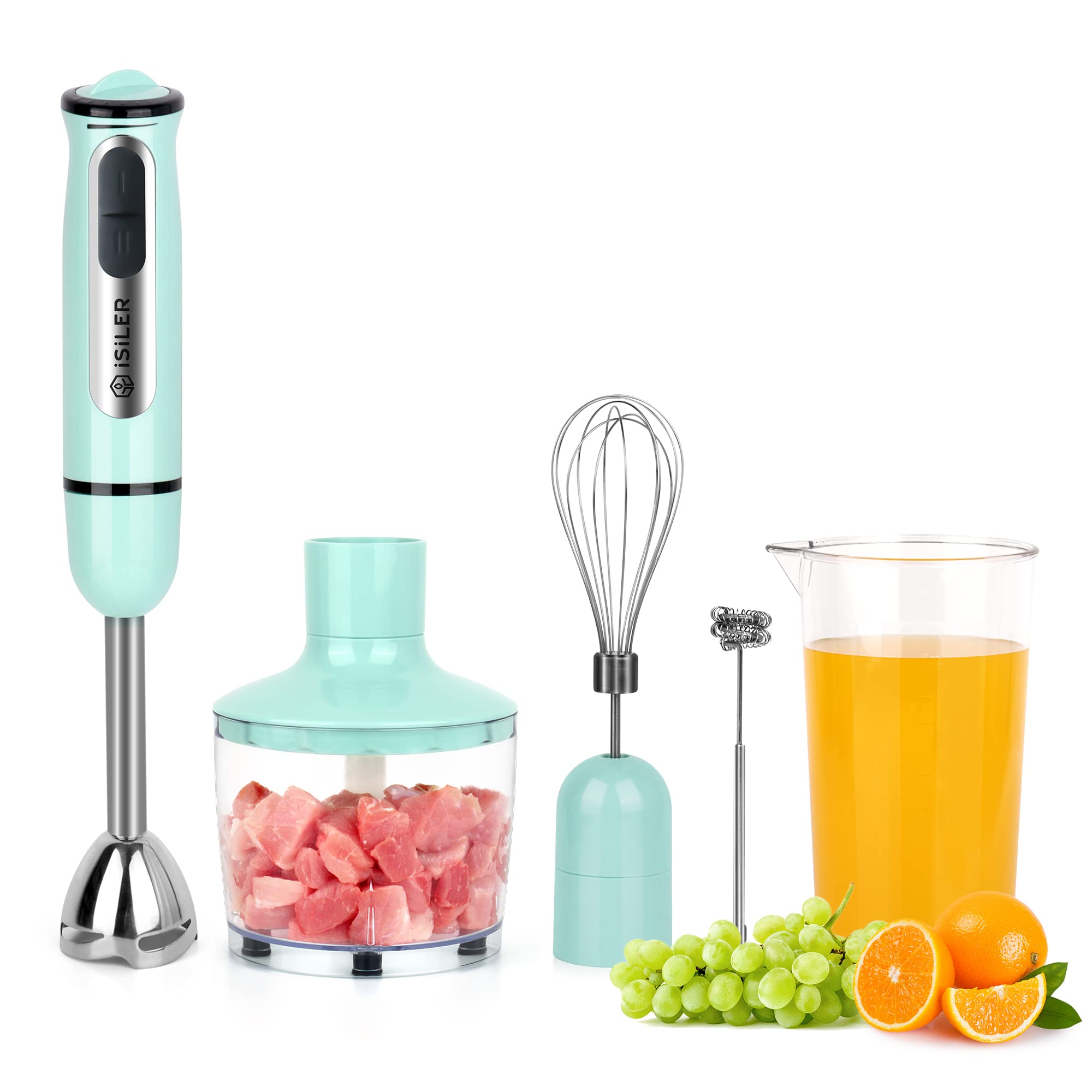 Immersion Hand Blender, ISILER 5-in-1 500-Watt Multi-Purpose Stick Blender with 860ml Food Chopper, 600ml Container, Milk Frother, Egg Whisk, 8-Speed for Puree Infant Food Smoothies Soups