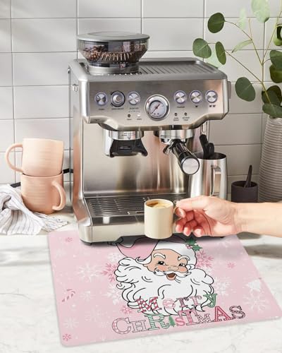 LaBLUUX Coffee Mat for Counter, Merry Christmas Cute Pink Santa Absorbent Hide Stain Coffee Bar Mat, Non-Slip Coffee Bar Accessories Kitchen Drying Mat Fit Under Coffee Maker Espresso Machine