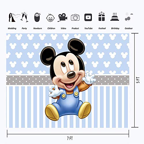 Blue Mickey Mouse 1/2 Birthday Backdrop 7x5 White Micky Mouse Head Background for 1st Birthday Vinyl Baby Mickey Mouse Backdrops Baby Shower for Boy