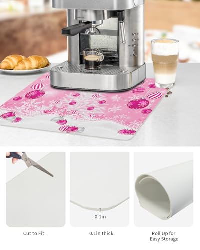 Coffee Mat for Counter, Pink Christmas Balls Xmas Tree Winter Snowflake Absorbent Hide Stain Coffee Bar Mat, Non-slip Coffee Bar Accessories Kitchen Drying Mat Fit Under Coffee Maker Espresso Machine
