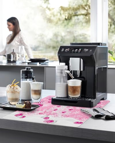 Coffee Mat for Counter, Pink Christmas Balls Xmas Tree Winter Snowflake Absorbent Hide Stain Coffee Bar Mat, Non-slip Coffee Bar Accessories Kitchen Drying Mat Fit Under Coffee Maker Espresso Machine