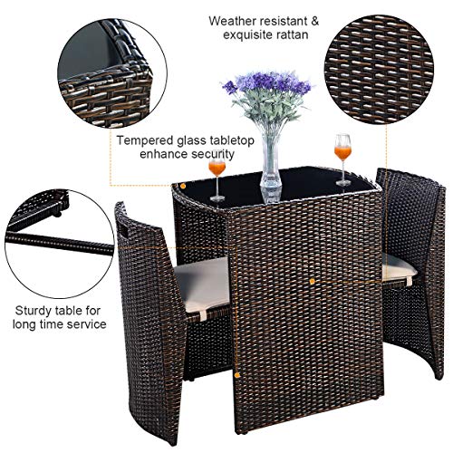 Giantex 3 PCS Cushioned Outdoor Wicker Patio Set Convention Bistro Set Garden Lawn Space Saving Conversation Set Sofa Furniture No Assembly (Brown)