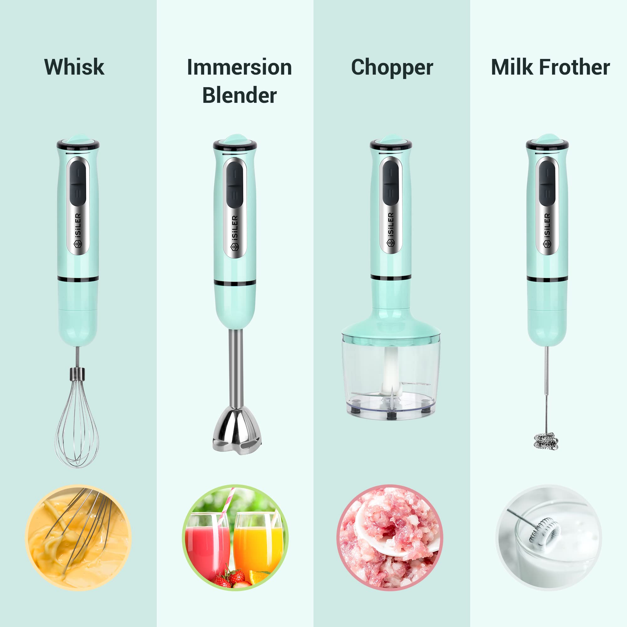 Immersion Hand Blender, ISILER 5-in-1 500-Watt Multi-Purpose Stick Blender with 860ml Food Chopper, 600ml Container, Milk Frother, Egg Whisk, 8-Speed for Puree Infant Food Smoothies Soups