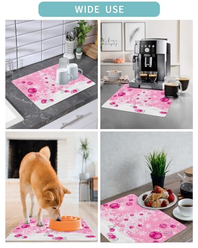 Coffee Mat for Counter, Pink Christmas Balls Xmas Tree Winter Snowflake Absorbent Hide Stain Coffee Bar Mat, Non-slip Coffee Bar Accessories Kitchen Drying Mat Fit Under Coffee Maker Espresso Machine