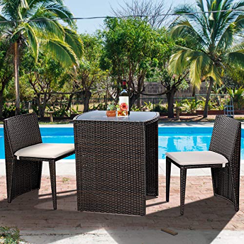 Giantex 3 PCS Cushioned Outdoor Wicker Patio Set Convention Bistro Set Garden Lawn Space Saving Conversation Set Sofa Furniture No Assembly (Brown)