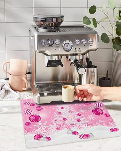 Coffee Mat for Counter, Pink Christmas Balls Xmas Tree Winter Snowflake Absorbent Hide Stain Coffee Bar Mat, Non-slip Coffee Bar Accessories Kitchen Drying Mat Fit Under Coffee Maker Espresso Machine