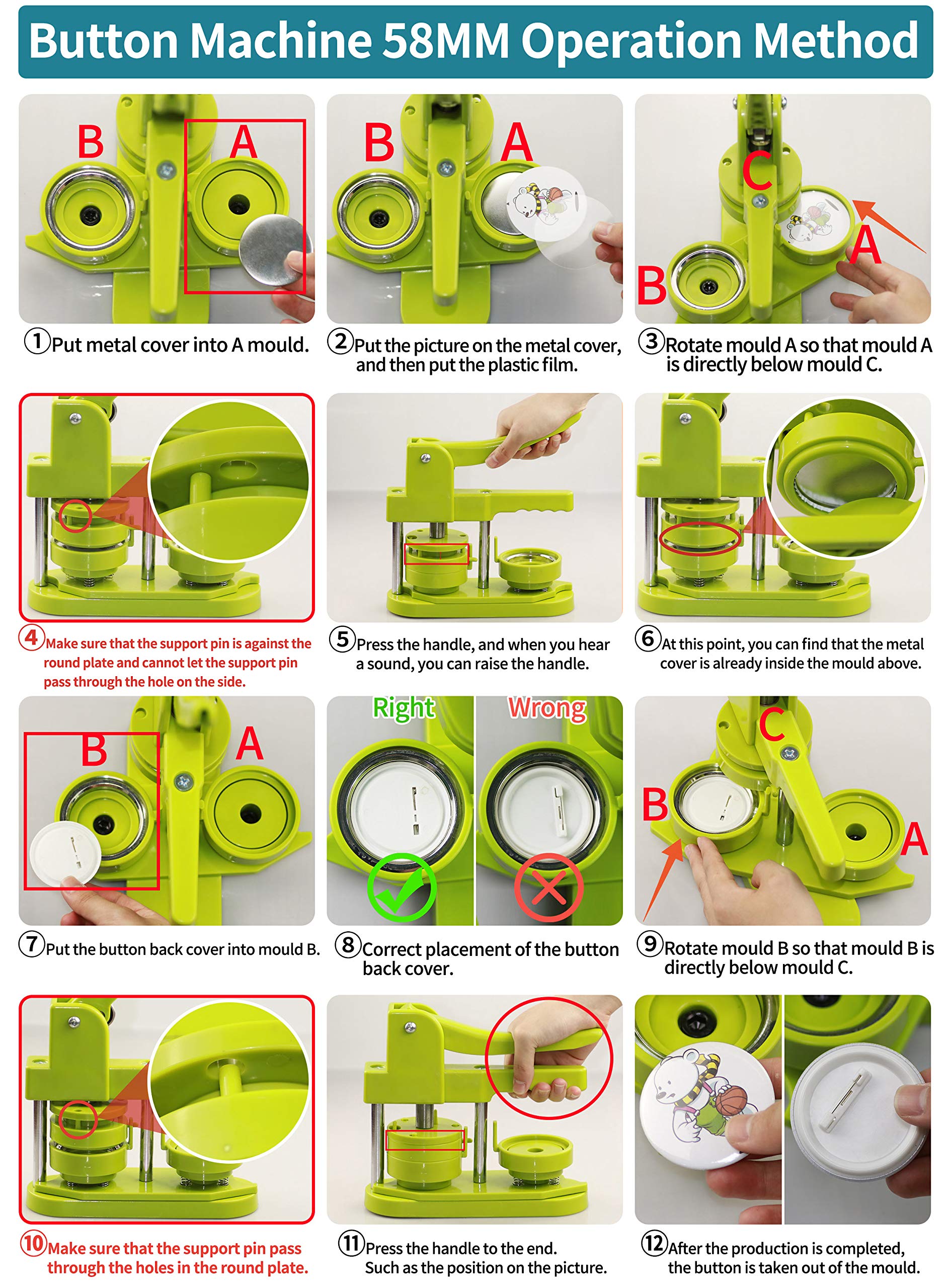 Happizza Button Maker Machine (3rd Gen) Installation-Free, 58mm (2.25in) DIY Pin Badge Button Maker Press Machine Badge Punch Press with Free 100pcs Button Parts&Pictures&Circle Cutter&Magic Book