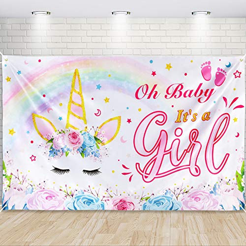 Unicorn Baby Shower Backdrop 73'' x 43'' - Pink Floral Unicorn Backdrop for Girls Party Decorations Colorful Rainbow Unicorn It's a Girl Banner Large Photo Background Wall Decor