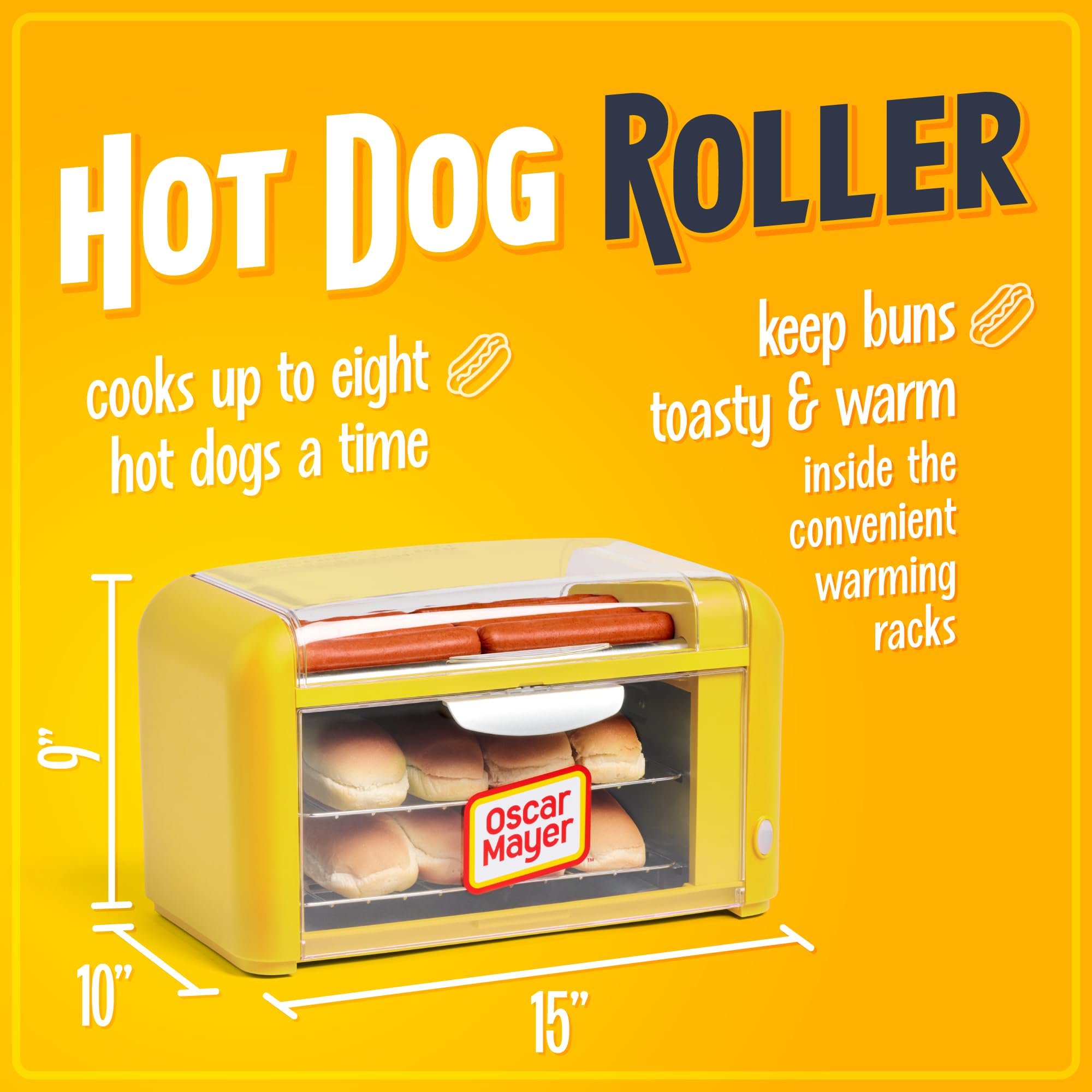Oscar Mayer Extra Large 8 Hot Dog Roller & 8 Bun Toaster Oven, Stainless Steel Grill Rollers, Non-stick Warming Racks, Perfect for Hot Dogs, Egg Rolls, Veggie Dogs, Sausages, Brats, Adjustable Timer