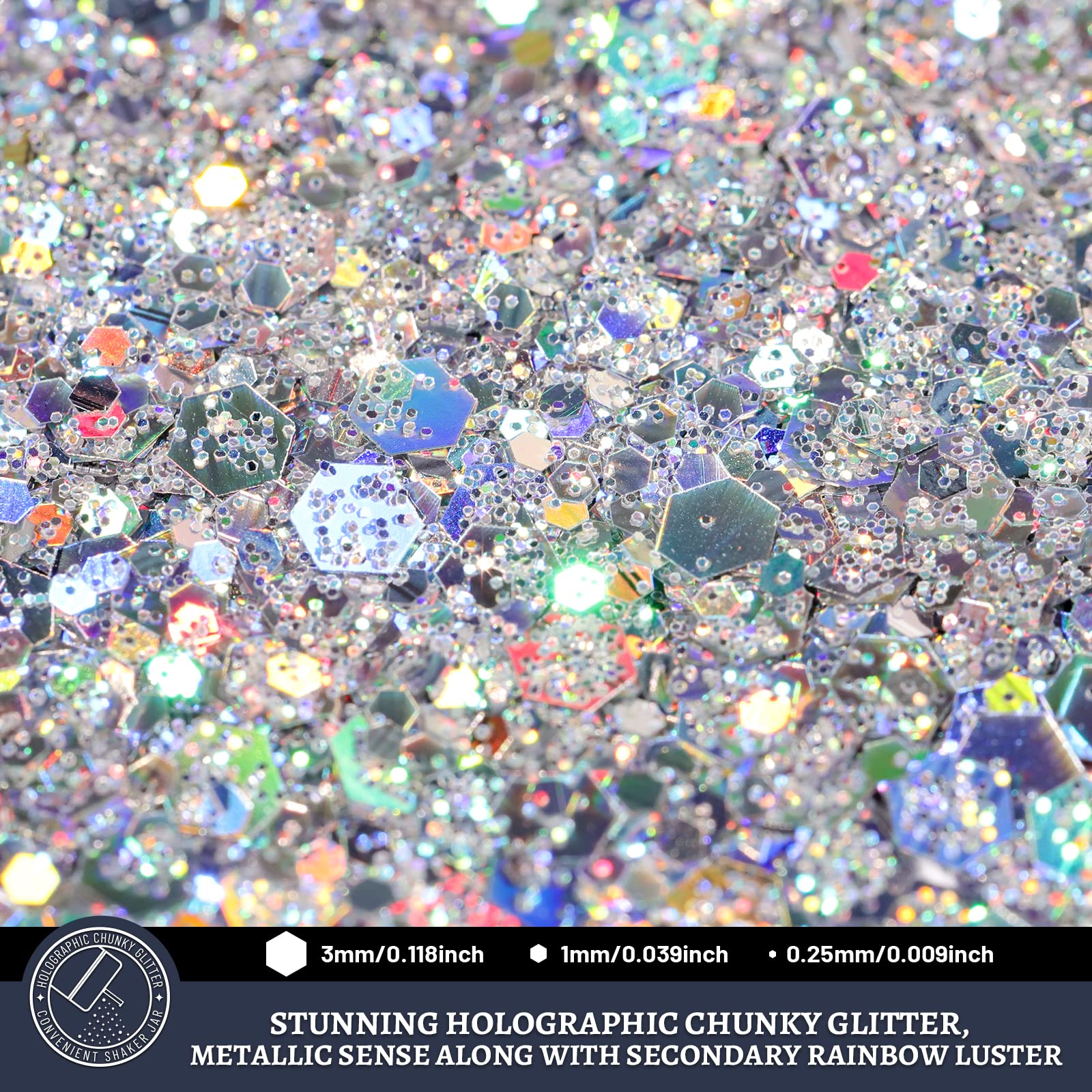 Holographic Chunky Glitter, 160G/5.64OZ Craft Glitter for Resin, Metallic Iridescent Chunky Fine Glitter Sequin Flake Bulk, Nail Glitter for Makeup Body Face Eye, Epoxy Tumbler, LEOBRO Silver Glitter