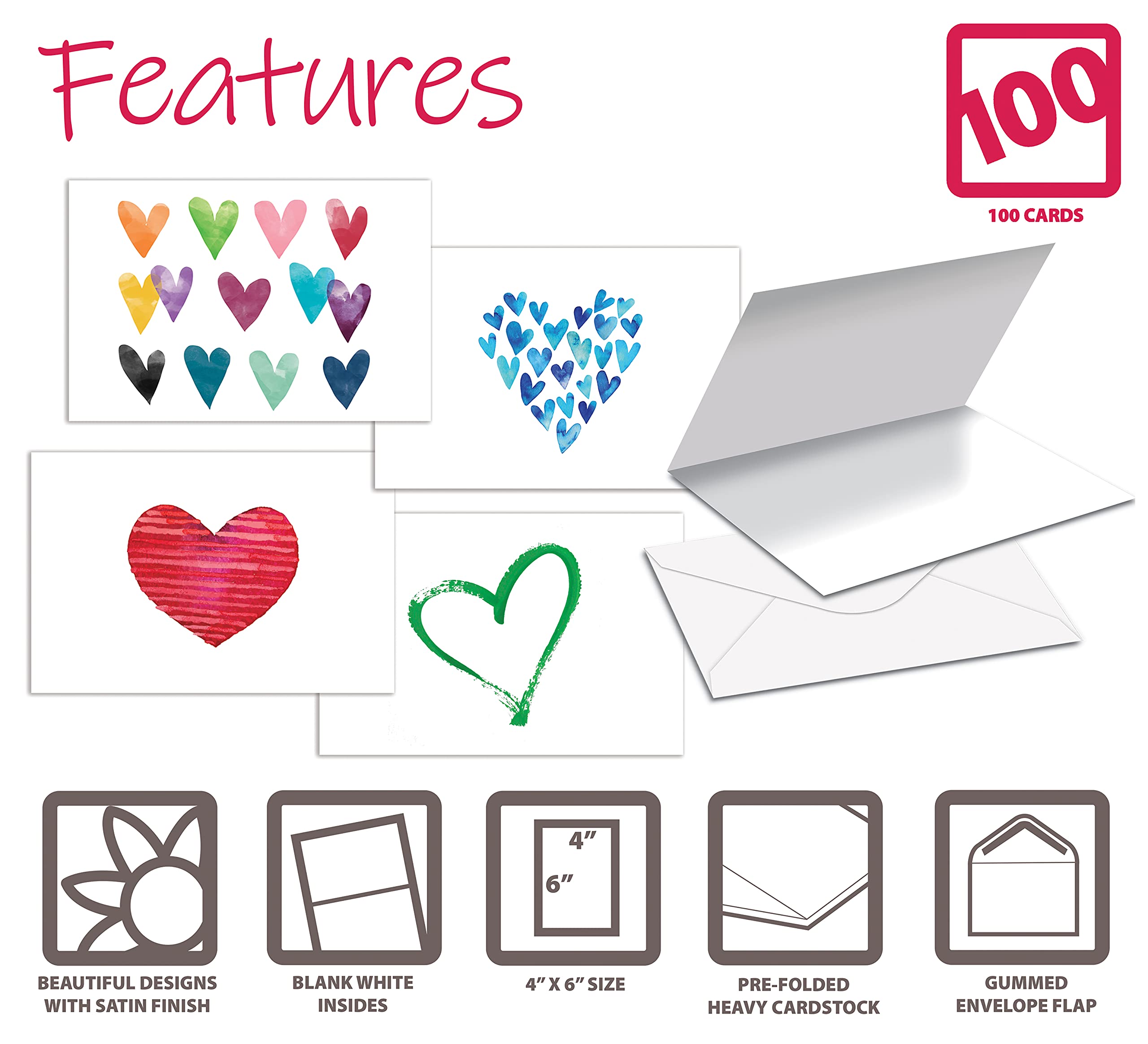 Better Office Products 100-Pack All Occasion Greeting Cards, Assorted Blank Note Cards, 4 x 6 inch, 6 Contemporary Heart Designs, Blank Inside, with Envelopes, 100 Pack