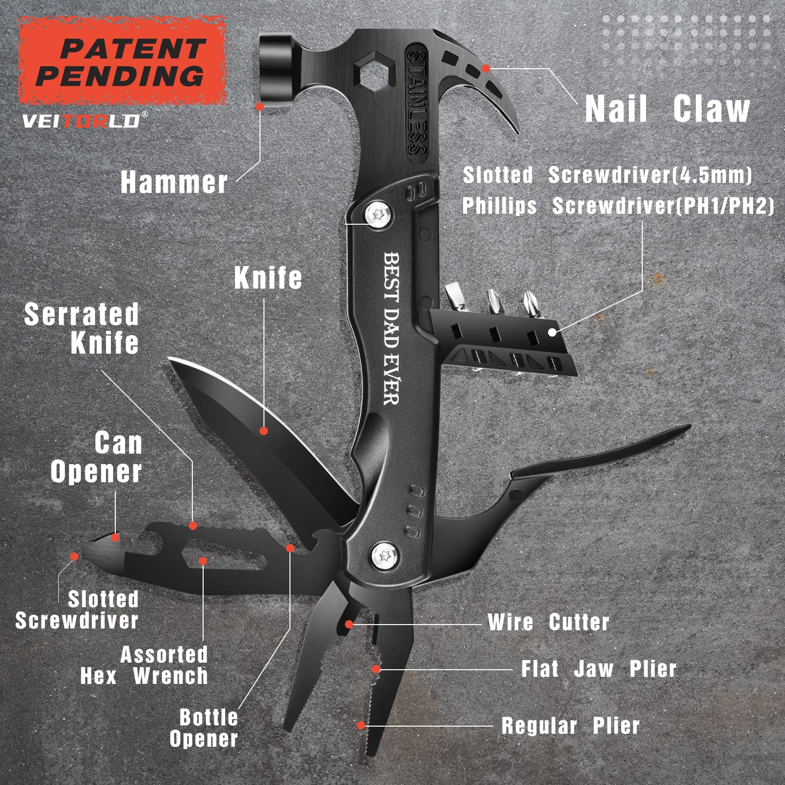 VEITORLD Gifts for Dad from Daughter Son Kids, Unique Fathers Day Birthday Gift Ideas for Husband Men Him, Cool Gadgets Stocking Stuffers for Men, All in One Survival Tools Small Hammer Multitool