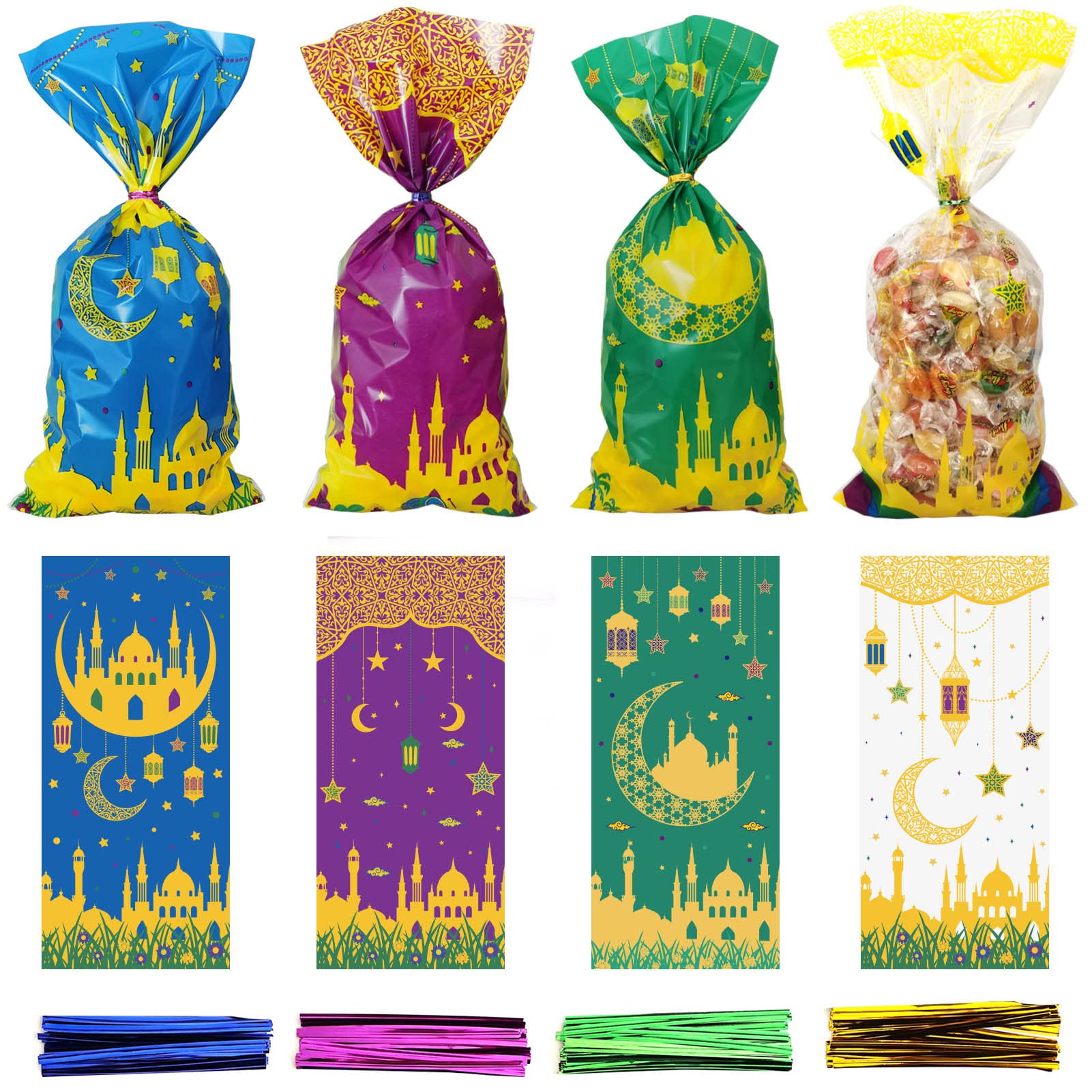 100 Pcs Ramadan Eid Goodie Bags, Ramadan and Eid Mubarak Gift Bags, Ramadan Kareem Eid Mubarak Decorations for Home Ramadan Eid Gift Treat Cellophane Candy Bags for Islamic Muslim Party Favor Supplies