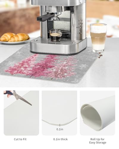 LaBLUUX Coffee Mat for Counter, Pink Christmas Xmas Tree Snowflake Grey Absorbent Hide Stain Coffee Bar Mat, Non-Slip Coffee Bar Accessories Kitchen Drying Mat Fit Under Coffee Maker Espresso Machine