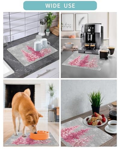 LaBLUUX Coffee Mat for Counter, Pink Christmas Xmas Tree Snowflake Grey Absorbent Hide Stain Coffee Bar Mat, Non-Slip Coffee Bar Accessories Kitchen Drying Mat Fit Under Coffee Maker Espresso Machine