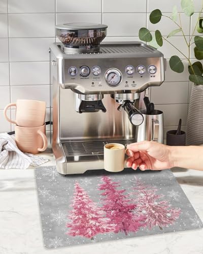 LaBLUUX Coffee Mat for Counter, Pink Christmas Xmas Tree Snowflake Grey Absorbent Hide Stain Coffee Bar Mat, Non-Slip Coffee Bar Accessories Kitchen Drying Mat Fit Under Coffee Maker Espresso Machine