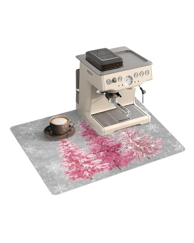 LaBLUUX Coffee Mat for Counter, Pink Christmas Xmas Tree Snowflake Grey Absorbent Hide Stain Coffee Bar Mat, Non-Slip Coffee Bar Accessories Kitchen Drying Mat Fit Under Coffee Maker Espresso Machine
