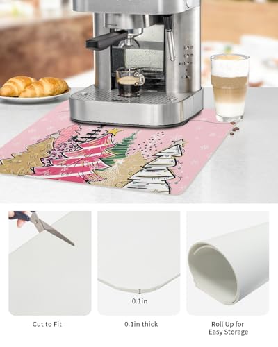 Coffee Mat for Counter,Pink Christmas Tree Winter Forest Trees Snowflake Absorbent Hide Stain Coffee Bar Mat,Non-slip Coffee Bar Accessories Kitchen Drying Mat Fit Under Coffee Maker Espresso Machine