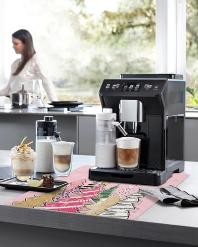 Coffee Mat for Counter,Pink Christmas Tree Winter Forest Trees Snowflake Absorbent Hide Stain Coffee Bar Mat,Non-slip Coffee Bar Accessories Kitchen Drying Mat Fit Under Coffee Maker Espresso Machine