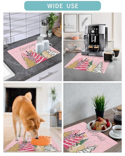 Coffee Mat for Counter,Pink Christmas Tree Winter Forest Trees Snowflake Absorbent Hide Stain Coffee Bar Mat,Non-slip Coffee Bar Accessories Kitchen Drying Mat Fit Under Coffee Maker Espresso Machine