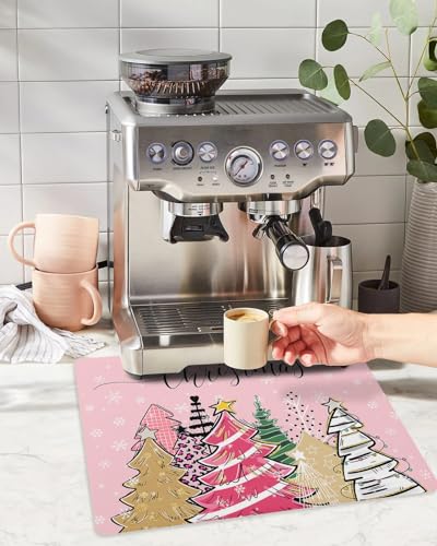Coffee Mat for Counter,Pink Christmas Tree Winter Forest Trees Snowflake Absorbent Hide Stain Coffee Bar Mat,Non-slip Coffee Bar Accessories Kitchen Drying Mat Fit Under Coffee Maker Espresso Machine