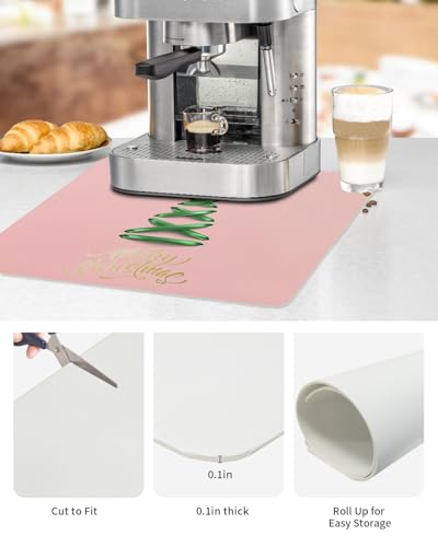 LaBLUUX Coffee Mat for Counter, Winter Christmas Tree with Star Pink Absorbent Hide Stain Coffee Bar Mat, Non-Slip Coffee Bar Accessories Kitchen Drying Mat Fit Under Coffee Maker Espresso Machine