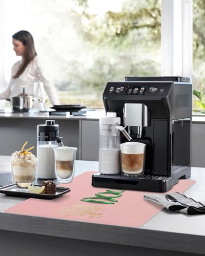 LaBLUUX Coffee Mat for Counter, Winter Christmas Tree with Star Pink Absorbent Hide Stain Coffee Bar Mat, Non-Slip Coffee Bar Accessories Kitchen Drying Mat Fit Under Coffee Maker Espresso Machine