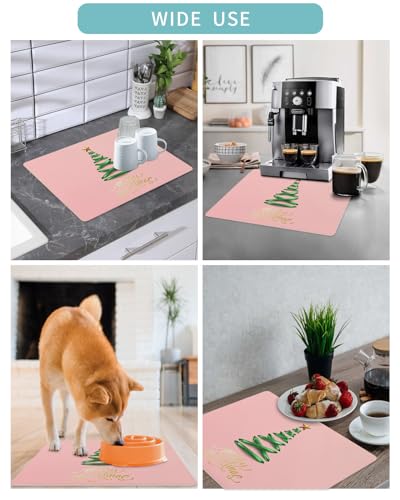 LaBLUUX Coffee Mat for Counter, Winter Christmas Tree with Star Pink Absorbent Hide Stain Coffee Bar Mat, Non-Slip Coffee Bar Accessories Kitchen Drying Mat Fit Under Coffee Maker Espresso Machine