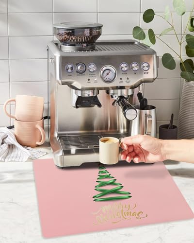 LaBLUUX Coffee Mat for Counter, Winter Christmas Tree with Star Pink Absorbent Hide Stain Coffee Bar Mat, Non-Slip Coffee Bar Accessories Kitchen Drying Mat Fit Under Coffee Maker Espresso Machine