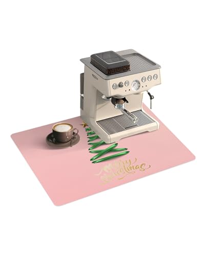 LaBLUUX Coffee Mat for Counter, Winter Christmas Tree with Star Pink Absorbent Hide Stain Coffee Bar Mat, Non-Slip Coffee Bar Accessories Kitchen Drying Mat Fit Under Coffee Maker Espresso Machine