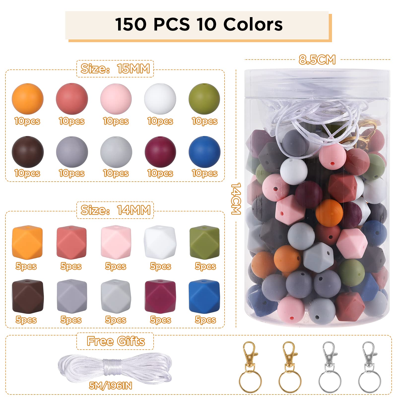Silicone Beads, 150pcs Silicone Beads Bulk Round Bead 15mm Hexagon Silicone Beads 14mm for Jewelry Making Large Beads with Lanyard & Key Chain Ring for Keychain Making (15MM Macaron)