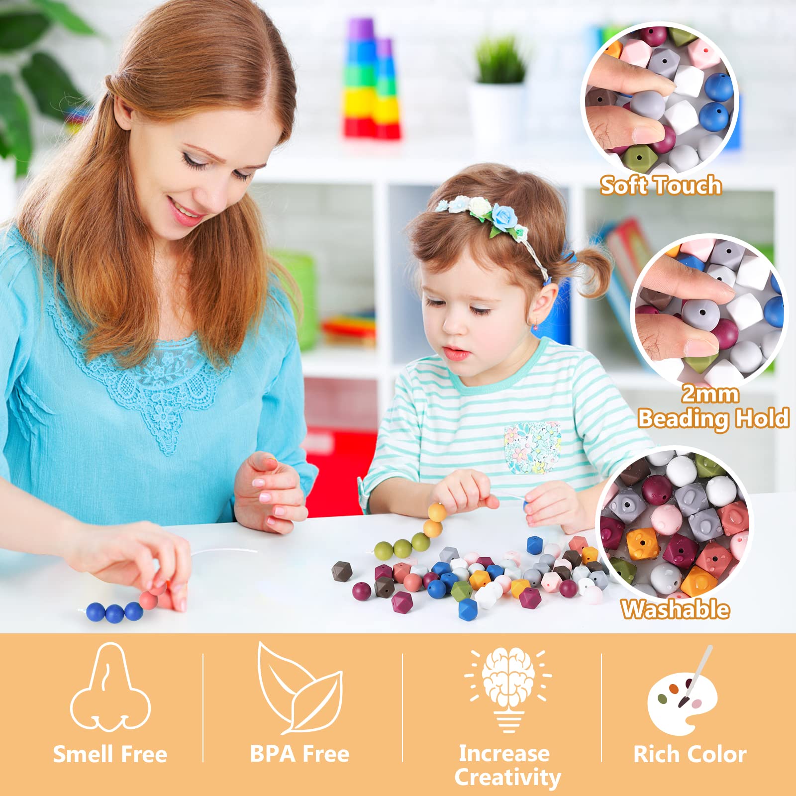 Silicone Beads, 150pcs Silicone Beads Bulk Round Bead 15mm Hexagon Silicone Beads 14mm for Jewelry Making Large Beads with Lanyard & Key Chain Ring for Keychain Making (15MM Macaron)