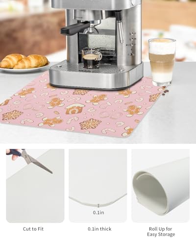 Coffee Mat for Counter, Christmas Cute Gingerbread Man Pink Absorbent Hide Stain Coffee Bar Mat, Non-slip Coffee Bar Accessories Kitchen Drying Mat Fit Under Coffee Maker Espresso Machine