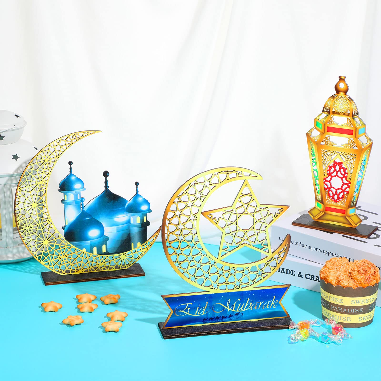 3 Pieces Eid Mubarak Table Decorations Wooden Centerpiece Signs, Eid Ramadan Kareem Table Top Centerpieces Wooden Candy Day for Eid Ramadan Muslims Dinner Coffee Table Topper Tier Tray Room Decor
