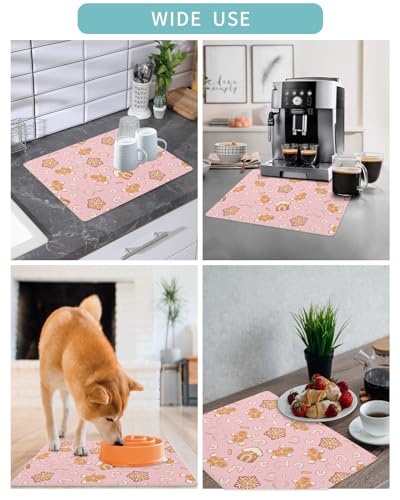 Coffee Mat for Counter, Christmas Cute Gingerbread Man Pink Absorbent Hide Stain Coffee Bar Mat, Non-slip Coffee Bar Accessories Kitchen Drying Mat Fit Under Coffee Maker Espresso Machine