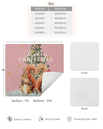 Coffee Mat for Counter, Merry Christmas Squirrel with Xmas Trees Pink Absorbent Hide Stain Coffee Bar Mat, Non-slip Coffee Bar Accessories Kitchen Drying Mat Fit Under Coffee Maker Espresso Machine