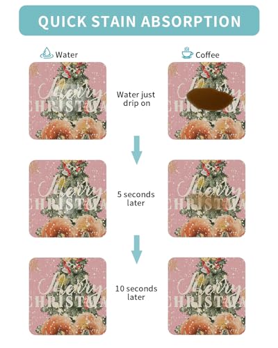 Coffee Mat for Counter, Merry Christmas Squirrel with Xmas Trees Pink Absorbent Hide Stain Coffee Bar Mat, Non-slip Coffee Bar Accessories Kitchen Drying Mat Fit Under Coffee Maker Espresso Machine