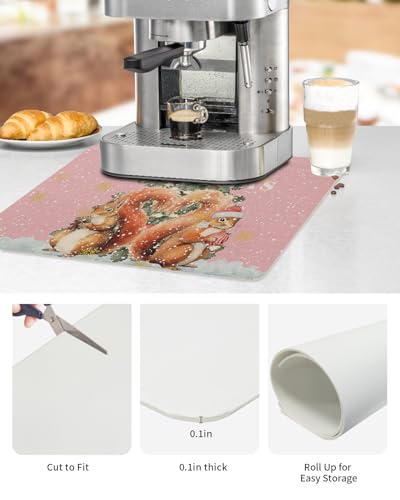 Coffee Mat for Counter, Merry Christmas Squirrel with Xmas Trees Pink Absorbent Hide Stain Coffee Bar Mat, Non-slip Coffee Bar Accessories Kitchen Drying Mat Fit Under Coffee Maker Espresso Machine