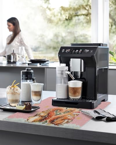 Coffee Mat for Counter, Merry Christmas Squirrel with Xmas Trees Pink Absorbent Hide Stain Coffee Bar Mat, Non-slip Coffee Bar Accessories Kitchen Drying Mat Fit Under Coffee Maker Espresso Machine