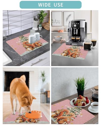 Coffee Mat for Counter, Merry Christmas Squirrel with Xmas Trees Pink Absorbent Hide Stain Coffee Bar Mat, Non-slip Coffee Bar Accessories Kitchen Drying Mat Fit Under Coffee Maker Espresso Machine