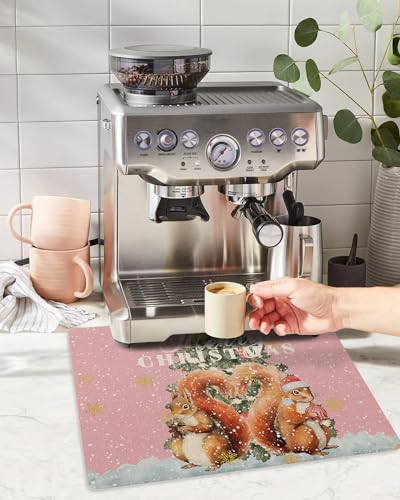Coffee Mat for Counter, Merry Christmas Squirrel with Xmas Trees Pink Absorbent Hide Stain Coffee Bar Mat, Non-slip Coffee Bar Accessories Kitchen Drying Mat Fit Under Coffee Maker Espresso Machine