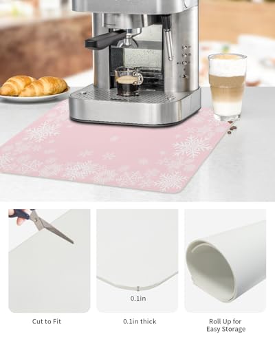 LaBLUUX Coffee Mat for Counter, Christmas Winter Snowflake Pink Absorbent Hide Stain Coffee Bar Mat, Non-Slip Coffee Bar Accessories Kitchen Drying Mat Fit Under Coffee Maker Espresso Machine